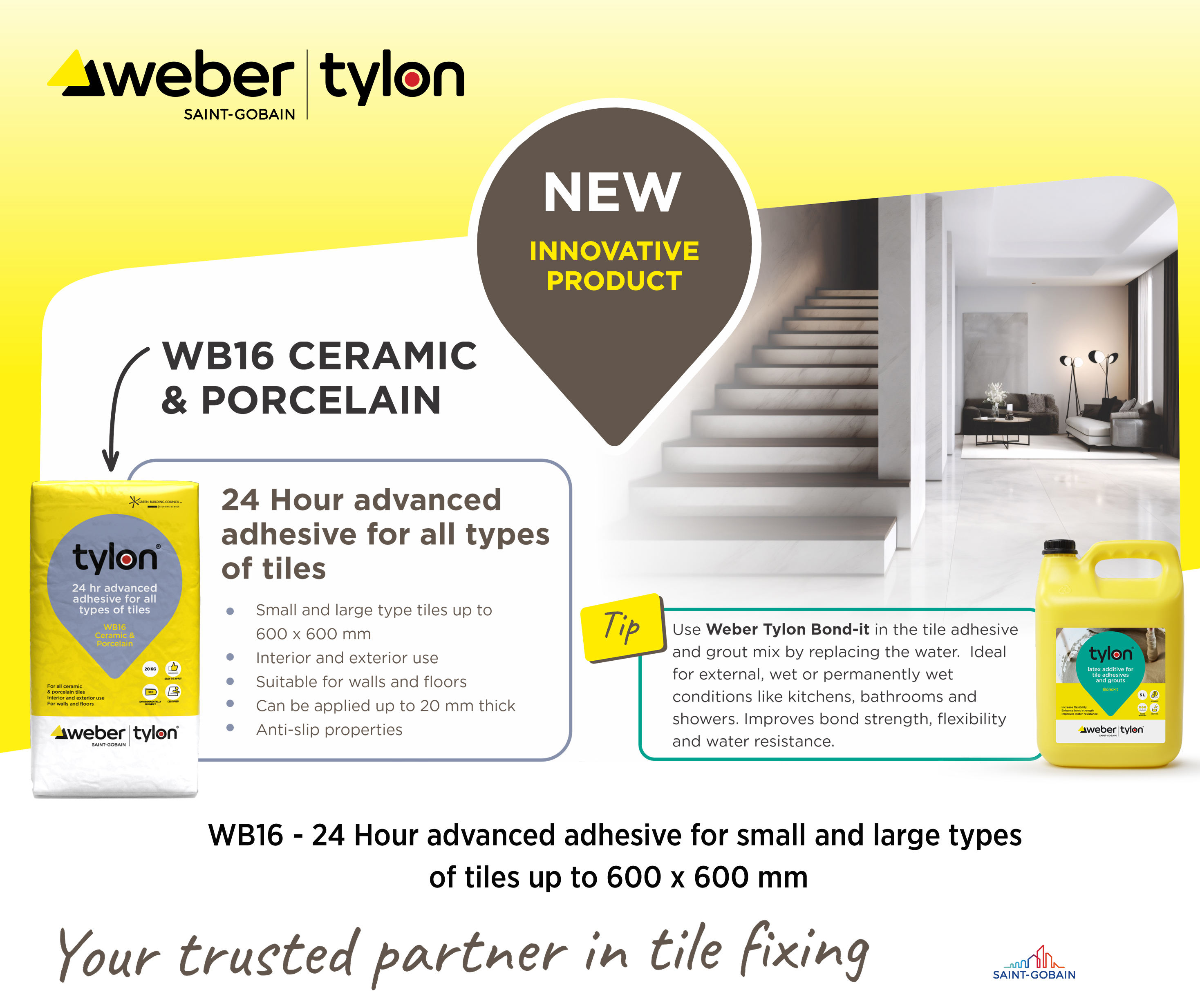 teber tylon WB16 Ceramic & Porcelain 24hr tile adhesive